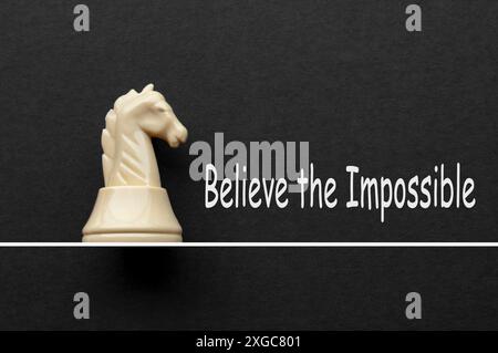 Believe the impossible text with black knight chess on white cover ...