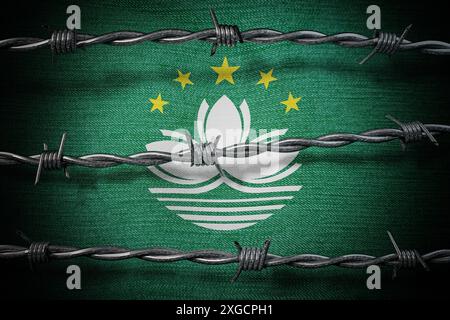 Barbed wire fence and flag of Macau - border concept - 3d illustration ...