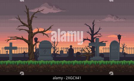 Pixel art cemetery landscape. Graveyard seamless background with ...