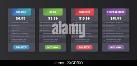 Pricing table chart. Dark mode subscription plan tiers with features checklist, free and ...