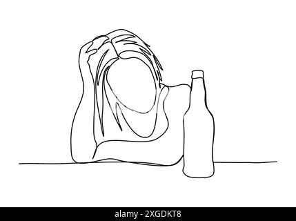 Drunk woman sitting at a table, one line drawing vector illustration ...