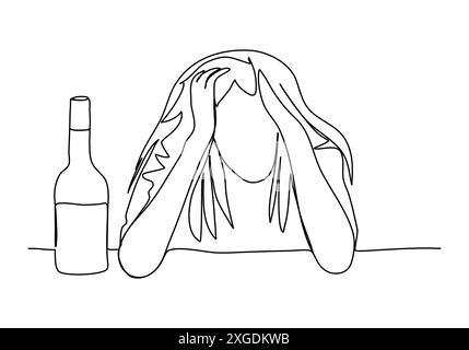 Drunk woman sitting at a table, one line drawing vector illustration ...