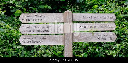 Wooden signpost at Forest Farm country park, Cardiff, South Wales ...