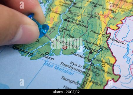 Yangon or Rangoon, Myanmar of the World Map. Close up and selective ...