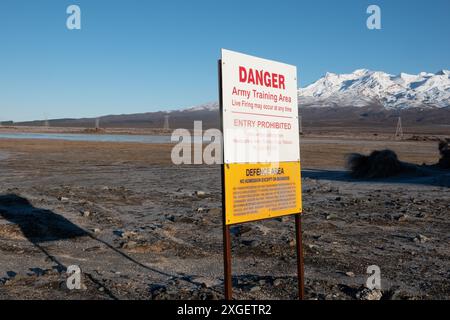 Army sign warning of restricted area in front of Mount Ruapehu, New ...