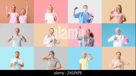 Set of people with cancer awareness ribbons on color background Stock ...