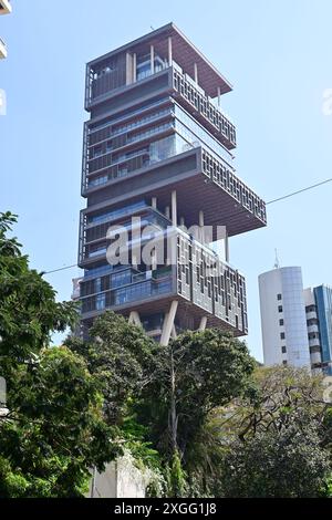 The Antilia mansion, house of billionaire Mukesh Ambani is lit up ahead ...
