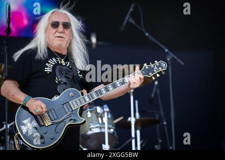Heavy rock guitarist Mick Box of Uriah Heep playing circa 1982 Stock ...