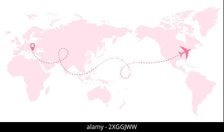 A pink airplane flying over a pink world map. Dashed route line in the ...
