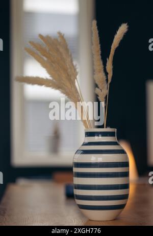 Abstract Blue and White Striped Ceramic Vase Close Up on Wooden Market ...
