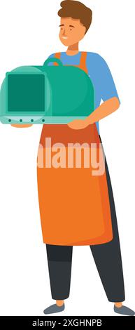 Pet shop employee wearing orange apron holding cat carrier smiling at ...