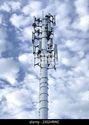 Mobile Tower installation. Cell site and Telecom Base Station. 5G internet online generation ...