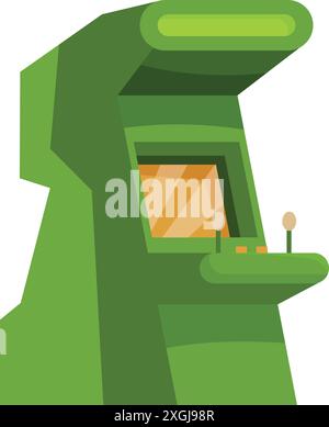Green arcade game machine with glowing screen standing on white background. Green arcade game ...