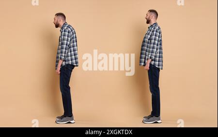 Collage with photos of young man with poor and good posture on white ...