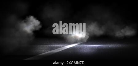 Wet asphalt road with marking line covered in smoke and illuminated by ...