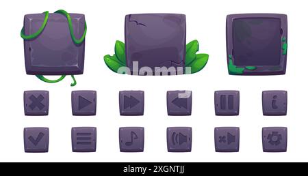 Stone game menu boards with vines. Tablets, buttons, cartoon interface ...
