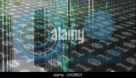 Image of binary codes, graphs with hud processing on digital interface. Digital composite ...
