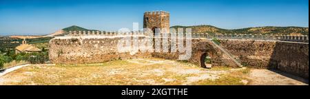 Picturesque view of Alanis de la Sierra town with red rooftops seen ...