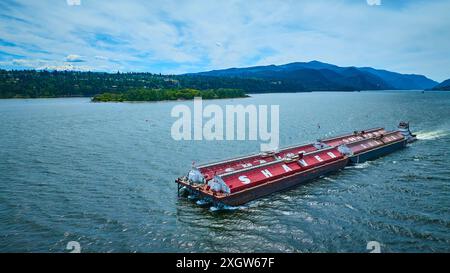 Aerial View of Red Barge on Columbia River with Mount Hood Background ...
