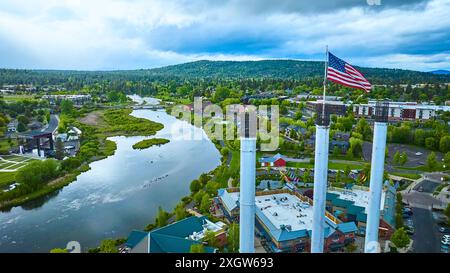 Drone view of the Old Mill District in Bend, Oregon with the Deschutes ...
