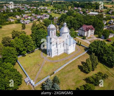 Kruonis Church of Blessed Virgin Mary, the Queen of Angels. Aerial view ...