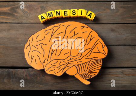 Yellow cubes with word Amnesia and paper cutout of human brain on light ...