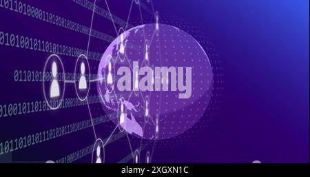 Image of flowchart, application icons, binary codes and rotating globe over abstract background ...