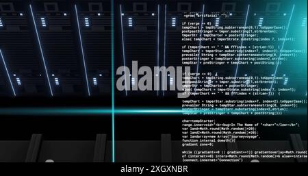 Image of blue scanner beams over text data processing on dark background. Connection, data ...