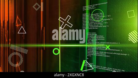 Image of rotating shapes, green scanner beams and processing data over ...