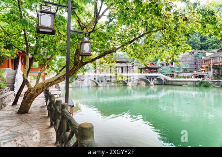 Scenic embankment of the Tuojiang River (Tuo Jiang River) with ...