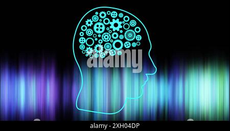 Image of human brain with cogs over black background Stock Photo - Alamy