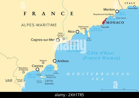 French Riviera, political map. Mediterranean coastline of the southeast ...