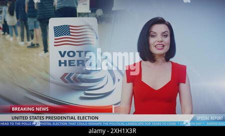 Female newscaster in studio reports live news about Presidential ...