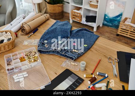 Upcycling clothes concept. Jeans on wooden hanger with green leaves ...