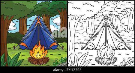 Camping Tent and Bonfire Coloring Page for Kids Stock Vector Image ...