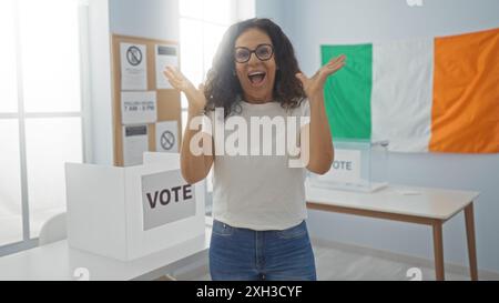Woman celebrating in voting room with spanish flag in background Stock ...
