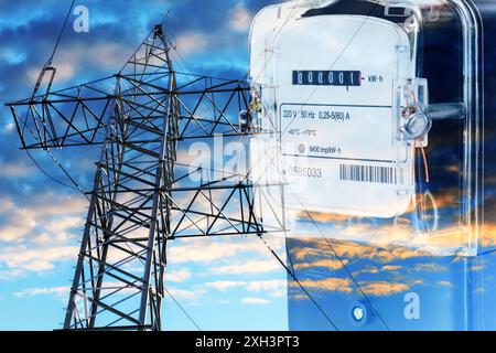 Double exposure of electricity meter and high voltage tower with ...