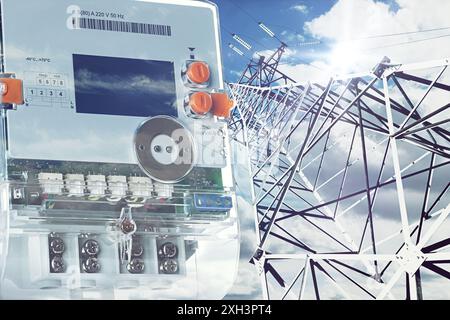 Electricity meter and high voltage towers, double exposure Stock Photo ...