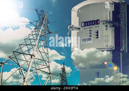 Electricity meter and high voltage towers, double exposure Stock Photo ...