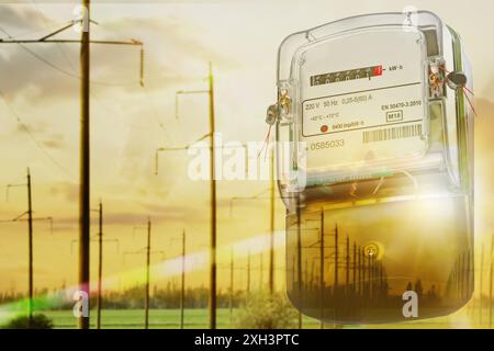 Electricity meter and poles with cables, double exposure Stock Photo ...