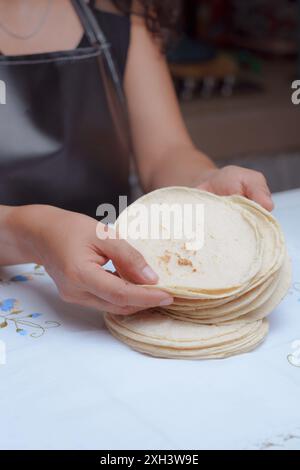 Homemade Mexican tortillas, female hands hold tortillas, chef inside a ...