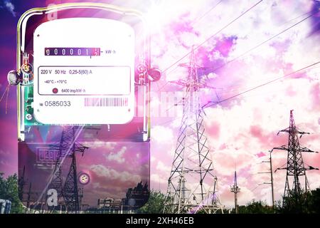 Electricity meter and high voltage towers, double exposure Stock Photo ...