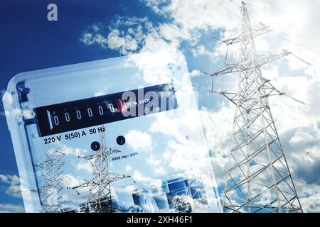 Electricity meter and high voltage towers, double exposure Stock Photo ...