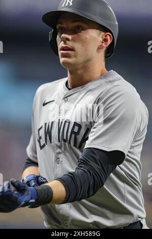 New York Yankees' Ben Rice, right, and Aaron Judge, left, react after Rice hit a home run during ...