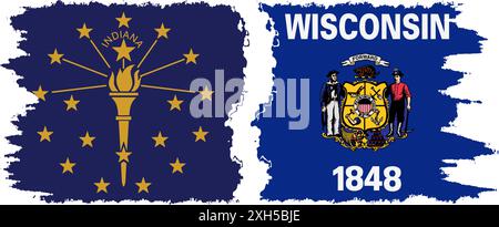 Indiana and Wisconsin states grunge brush flags connection, vector ...