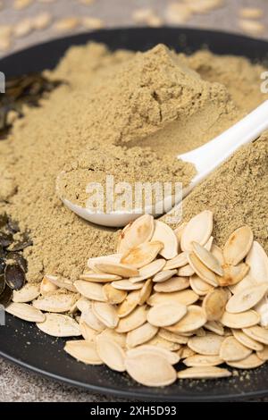 Flour from ground fresh pumpkin seeds, a superfood, a plant-based ...