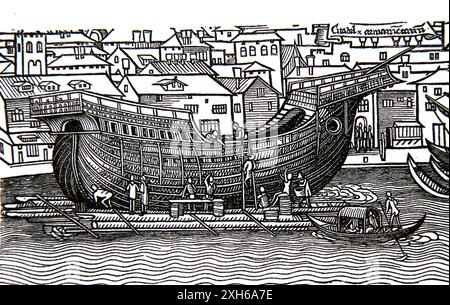 Ship hull on dry dock. Modern period. 15th century. Europe. Engraving ...