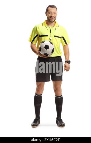 Football referee holding a ball and smiling at camera isolated on white ...