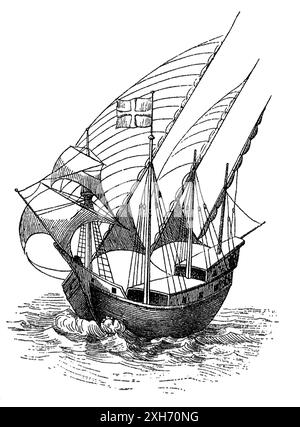 Age of Discovery. Caravel. 15th century. Engraving. Color Stock Photo ...