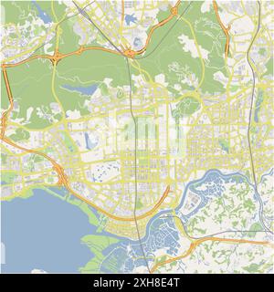 Map of Shenzhen in China in blue. Contains layered vector with roads ...